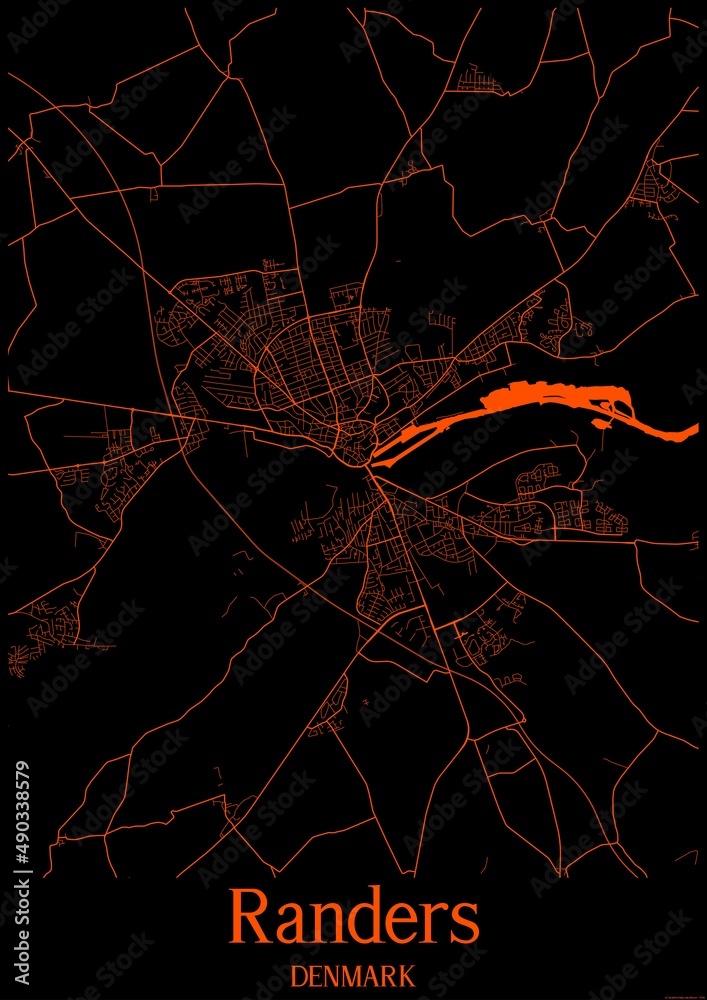 Black and orange halloween map of Randers Denmark.This map contains ...