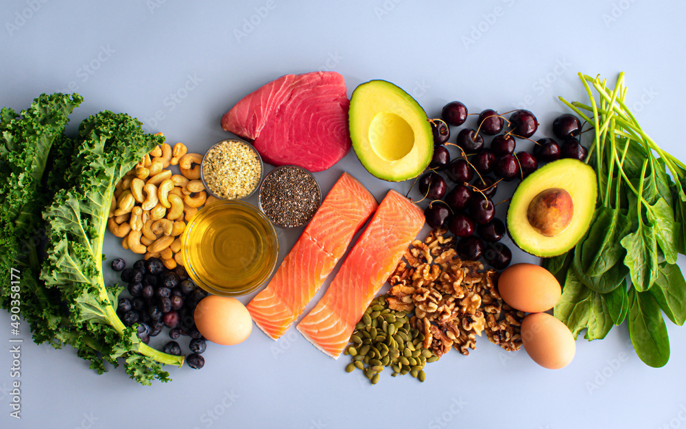 Overhead View of Fresh Omega-3 Rich Foods: A variety of healthy foods ...