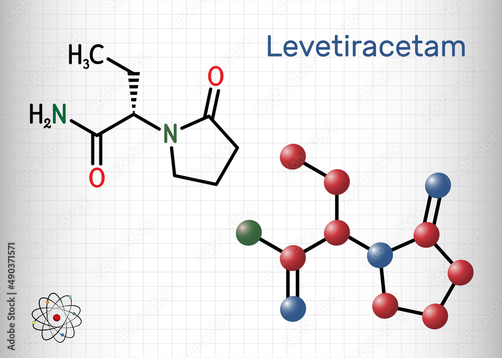 Levetiracetam molecule. It is pyrrolidine, anticonvulsant medication ...