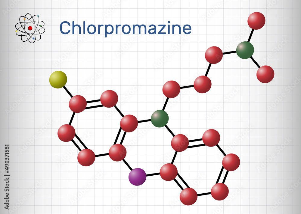 Chlorpromazine, CPZ molecule. Phenothiazine antipsychotic, used to ...