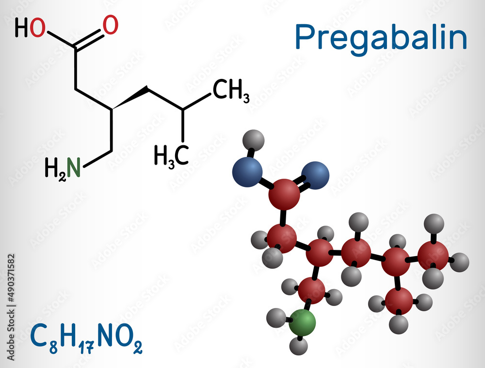 Pregabalin molecule. It is anticonvulsant, anxiolytic drug used to ...