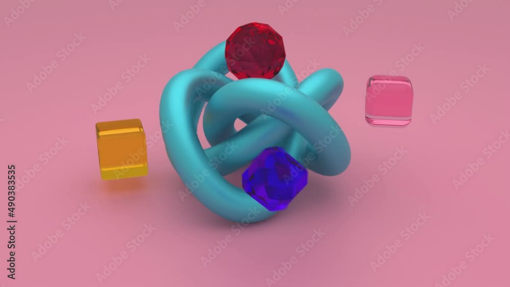 An abstract rotating scene. A twisted torus of blue color in the center ...