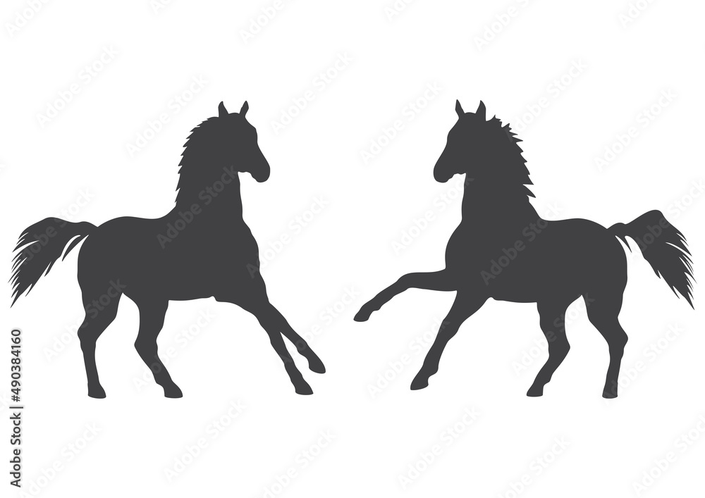 Silhouettes of prancing horses, icons set. Vector illustration isolated ...
