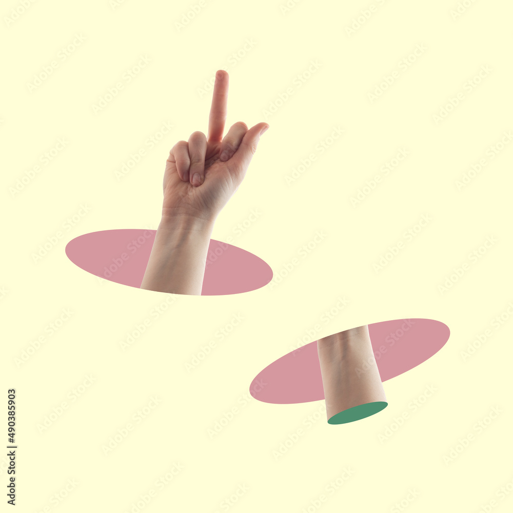 Hand with middle finger. Digital collage modern art. Stock Photo ...