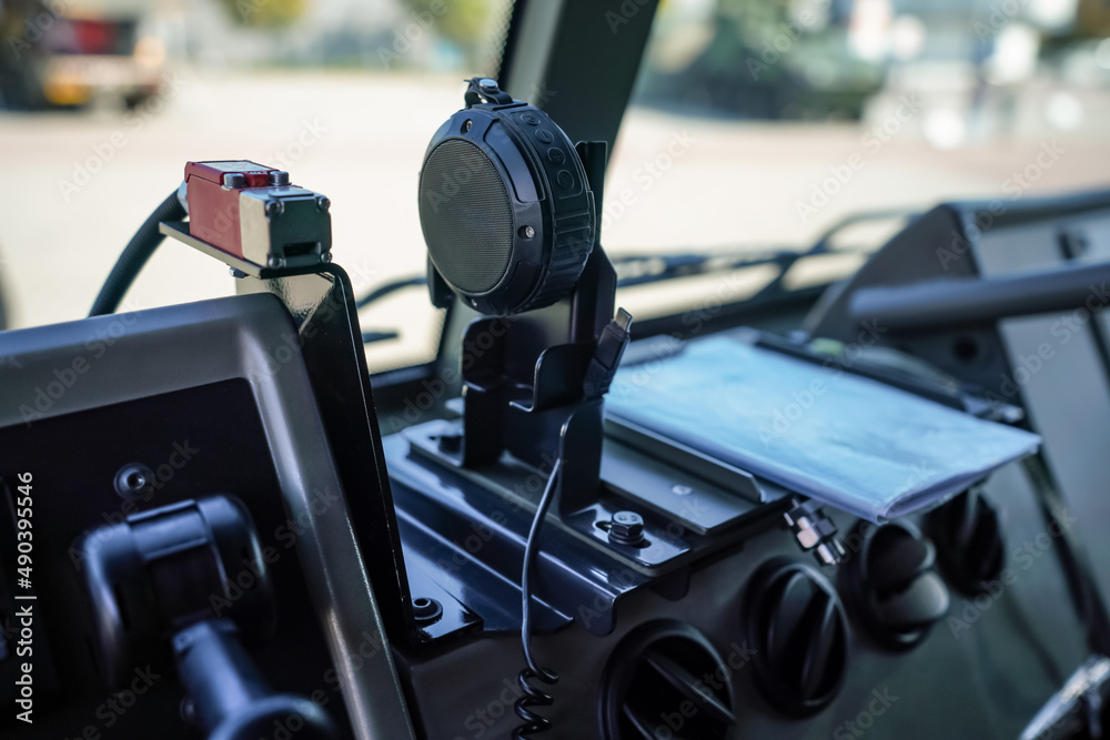 Communication radio transceiver speaker mounted on military vehicle ...