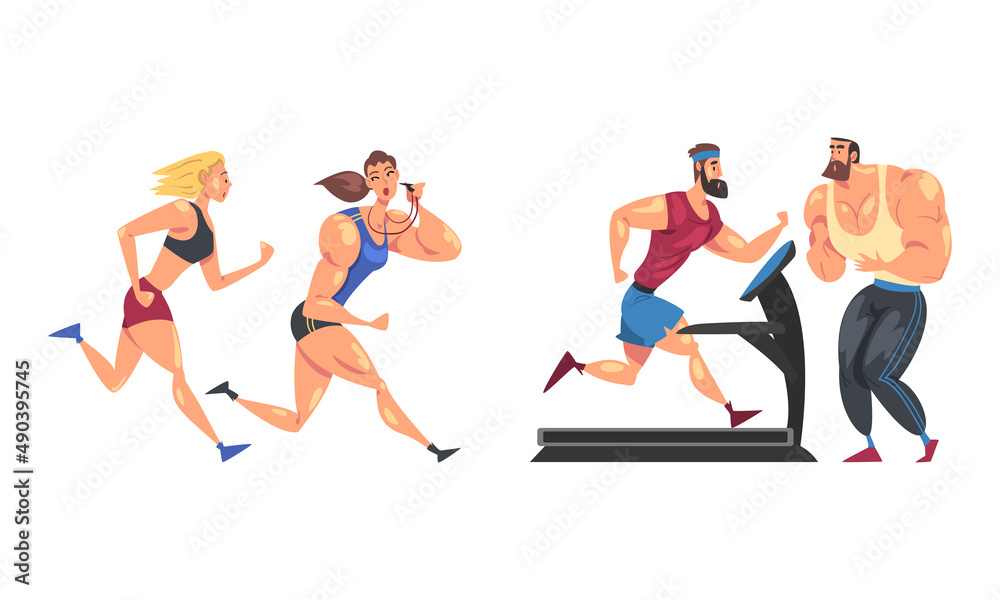 Running athletes set cartoon vector illustration on white background ...
