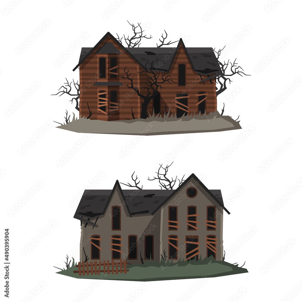 Abandoned scary house set. Haunted gothic mansions with boarded up ...