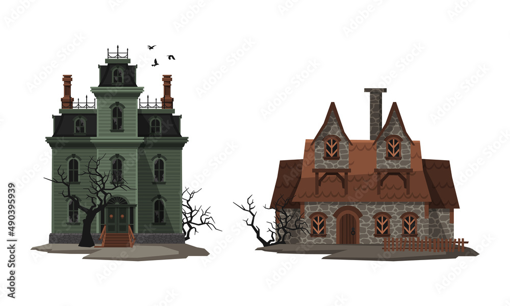 Abandoned scary mansions set. Haunted gothic house cartoon vector ...