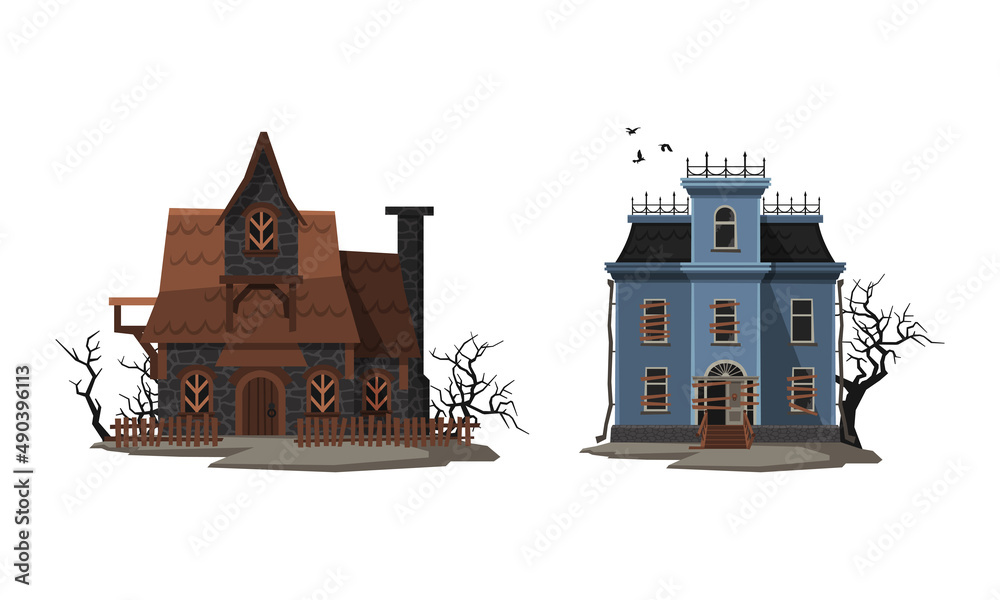 Scary mansions set. Abandoned creepy houses cartoon vector illustration ...