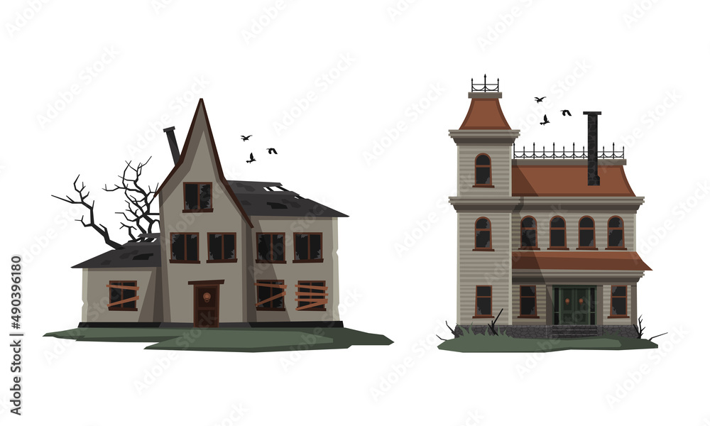 Scary gothic mansions set. Abandoned creepy houses cartoon vector ...