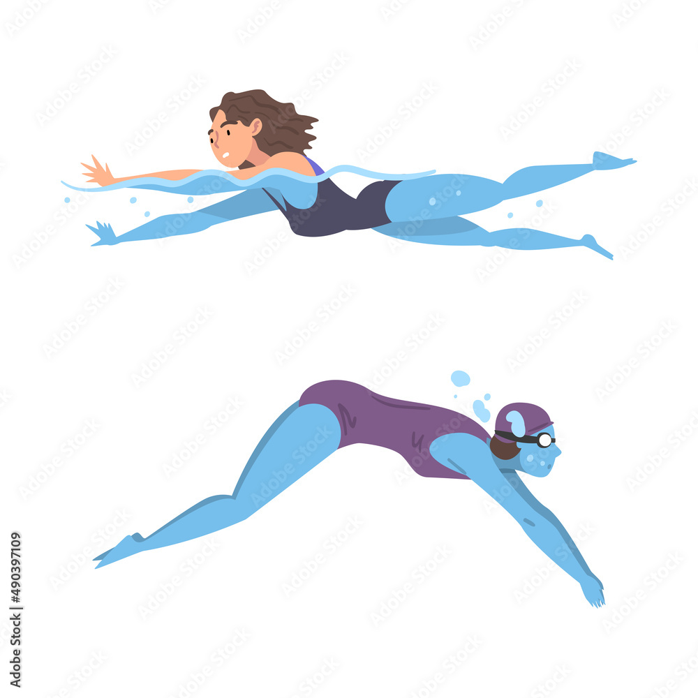 Young woman swimming and diving in swimming pool or sea cartoon vector ...