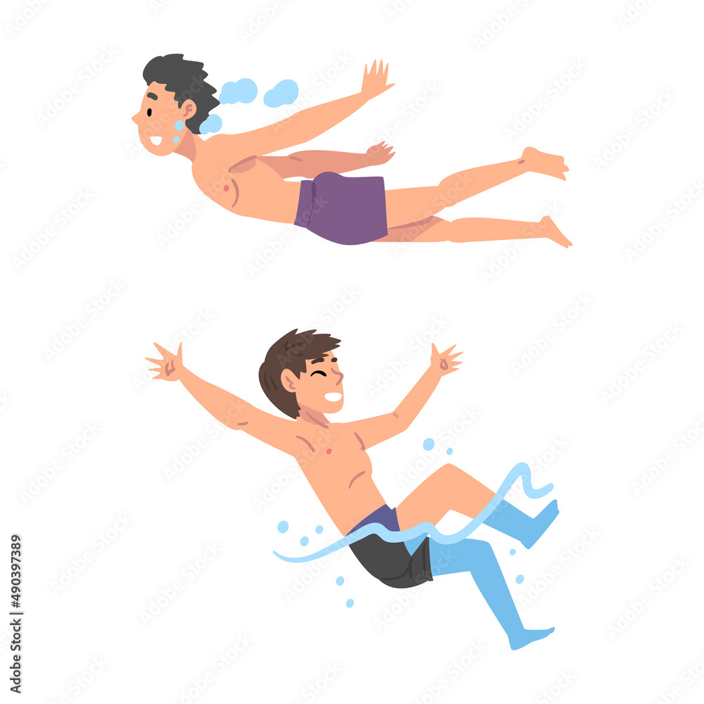 Boys swimming and diving in swimming pool set cartoon vector ...