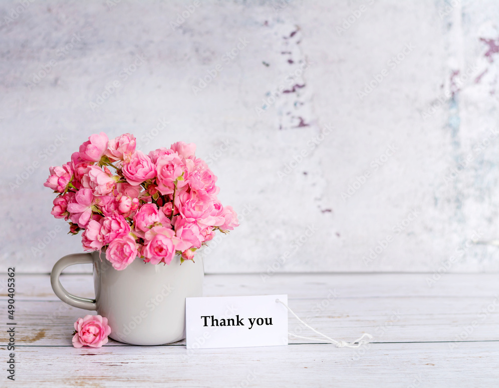 Beautiful pink roses bouquet and thank you message Stock Photo | Adobe ...