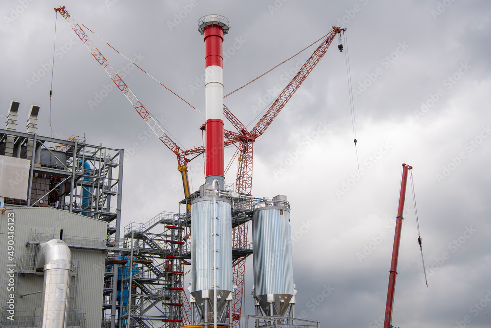 Waste management plant. Recycling factory with chimneys. Industrial ...