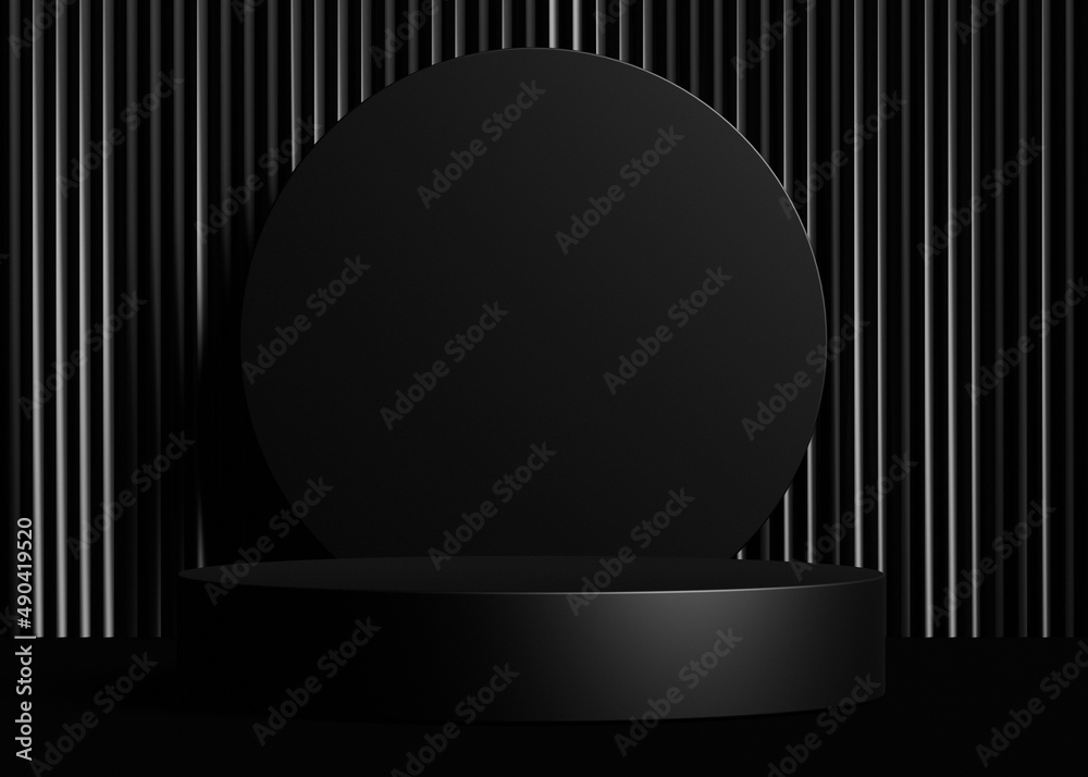 Modern black podium for product showcase. Cylinder shapes pedestal ...