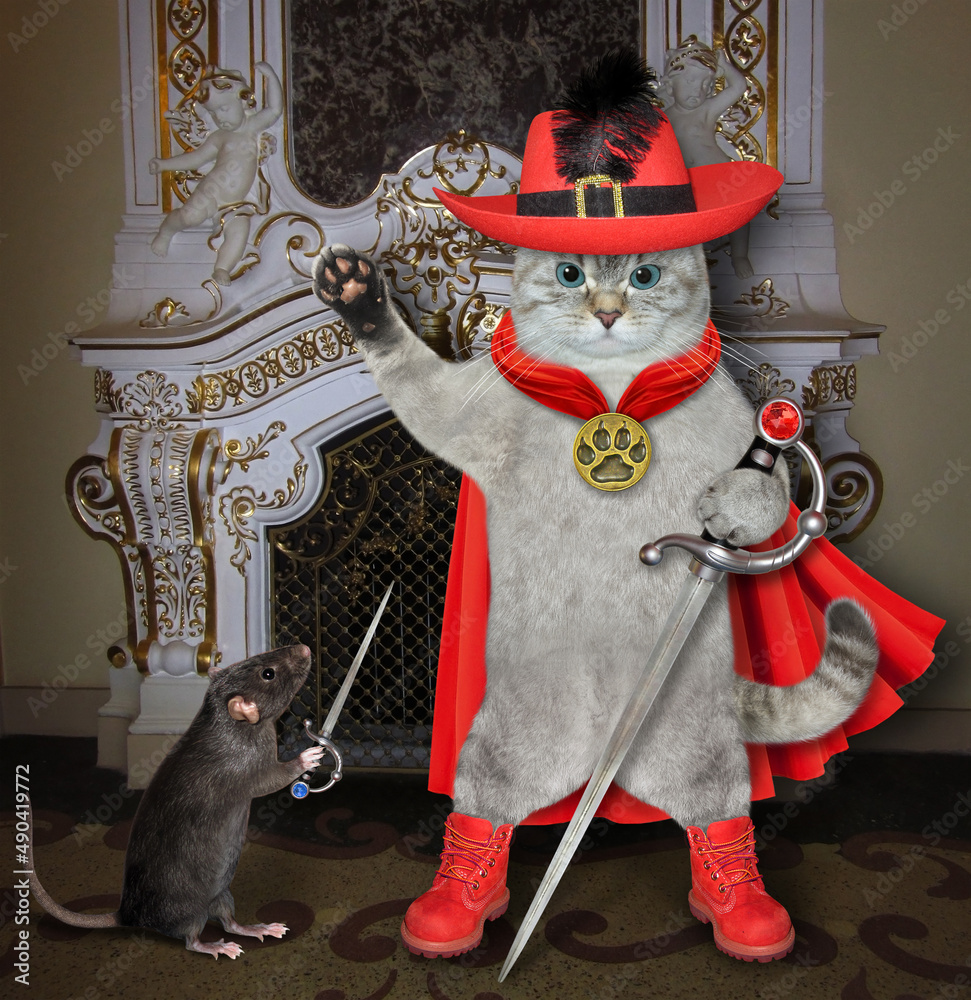 An ashen cat dressed in red musketeer costume with a sword is standing ...
