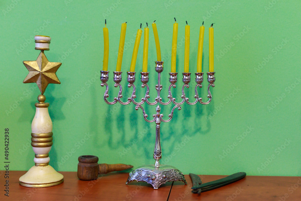 Candles and ancient Jewish symbols. Background with copy space Stock ...