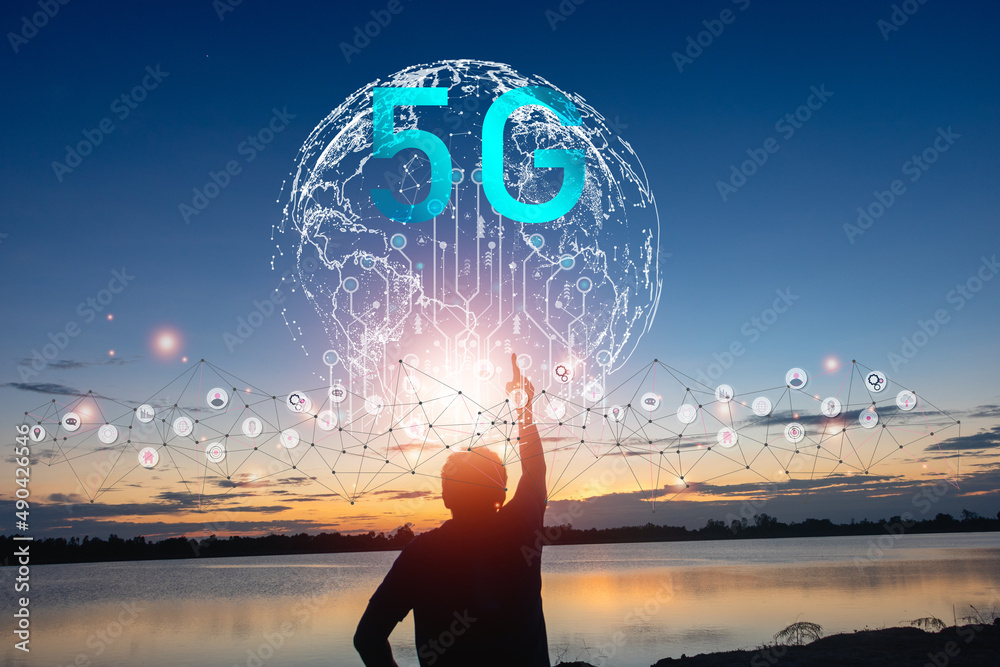 Silhouette man standing with circle network communication technology ...