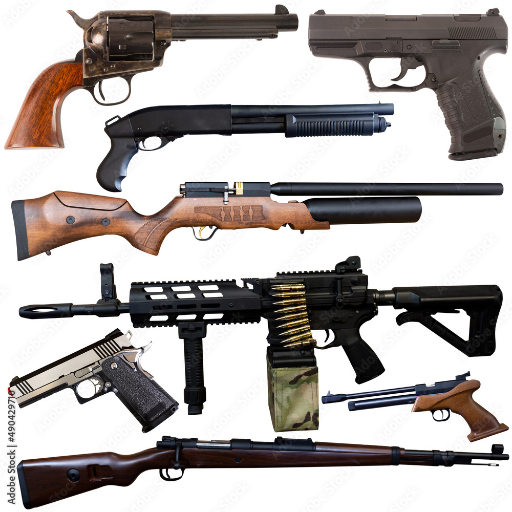Collection of different types of firearms isolated over white ...