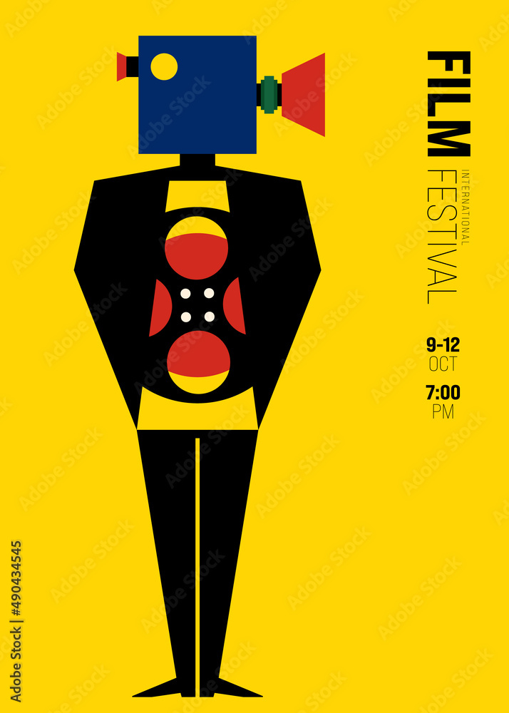 Movie poster design template background with vintage film reel and ...