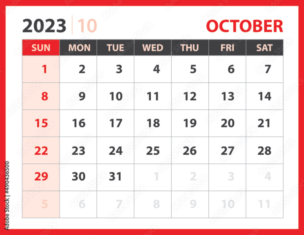 October 2023 template, Calendar 2023 design vector, planner layout ... October 2023 template, Calendar 2023 design vector, planner layout ...