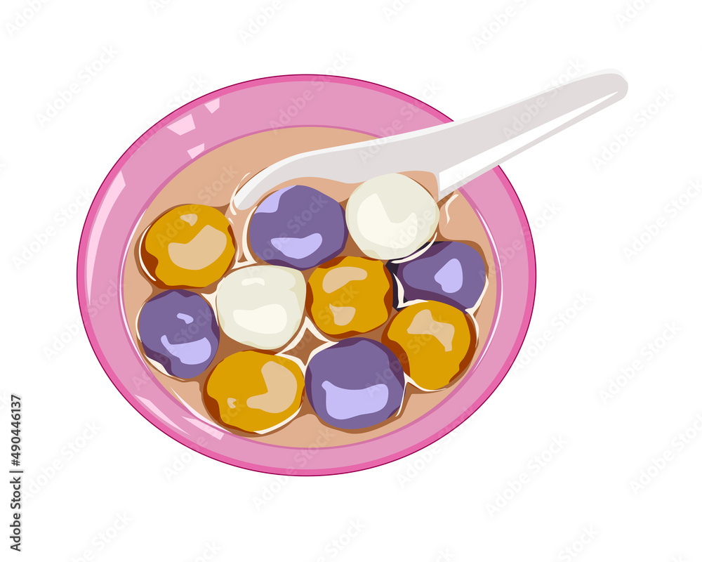 Isolated yellow, white and purple tang yuan in pink bowl. Glutinous ...