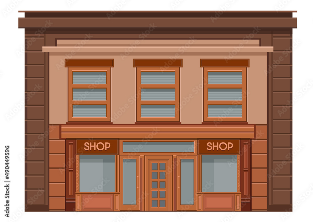 Shop store facade with showcases, large windows and columns. Detailed ...