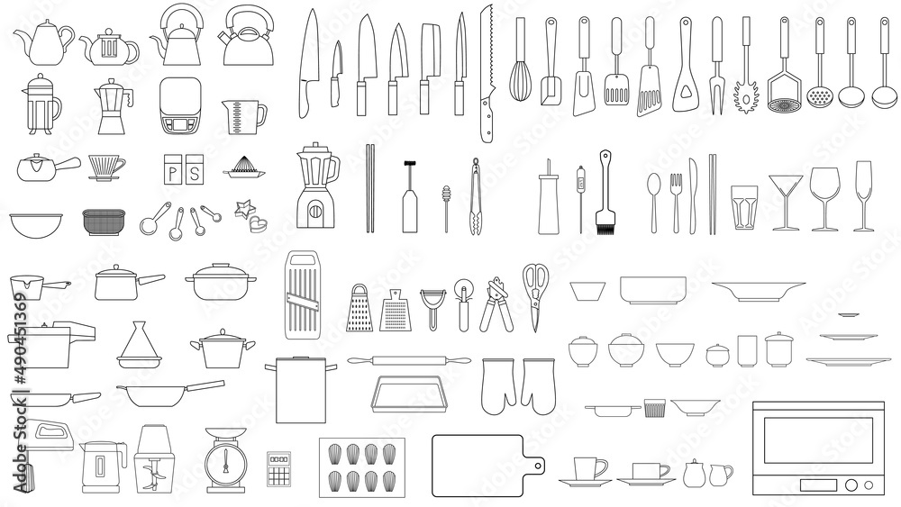 Line drawing icon illustration of kitchen utensils. Stock Vector ...
