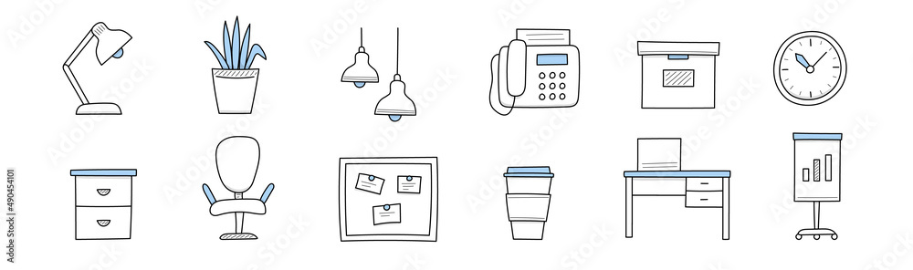 Office furniture icons with doodle chair, table with computer, lamps ...
