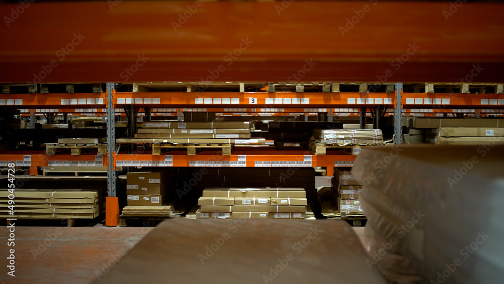 Warehouse with cardboard boxes inside on pallets racks, logistic center ...