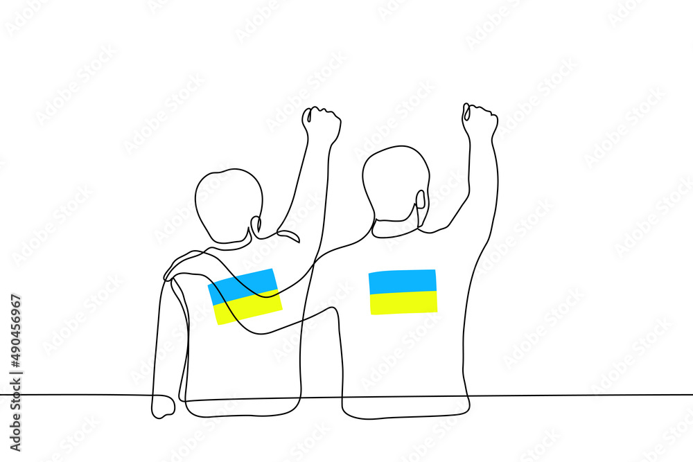 two Ukrainian man raised their hands up - one line drawing vector ...