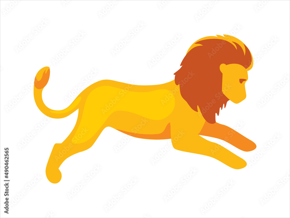 Cute lion in a modern flat style. Lion runs in a jump for logotype ...
