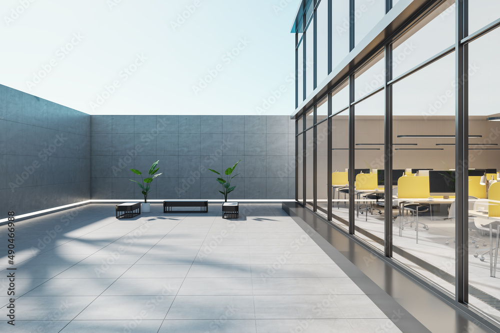 Creative contemporary exterior of office building with territory ...