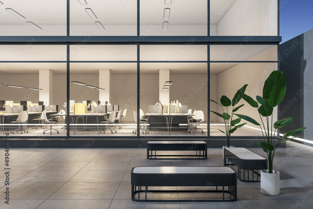 Modern exterior of office building with territory. Night sky background ...