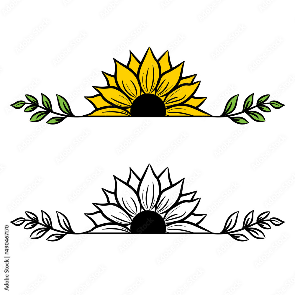 Sunflower divide border decor with half flowers drawing. Flower split ...