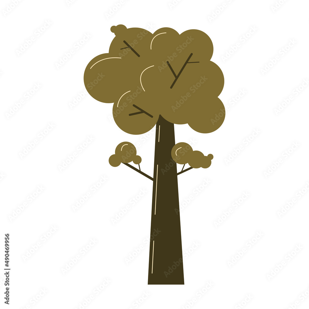 Tall green oak tree in flat cartoon style. Cute forest deciduous tree ...