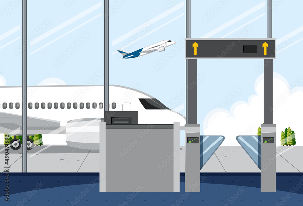 Empty airport boarding gate with view of airplane Stock Vector | Adobe ...