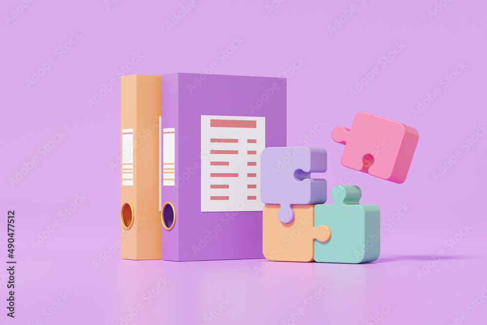 Document folders with jigsaw puzzle pieces floating. Office account ...