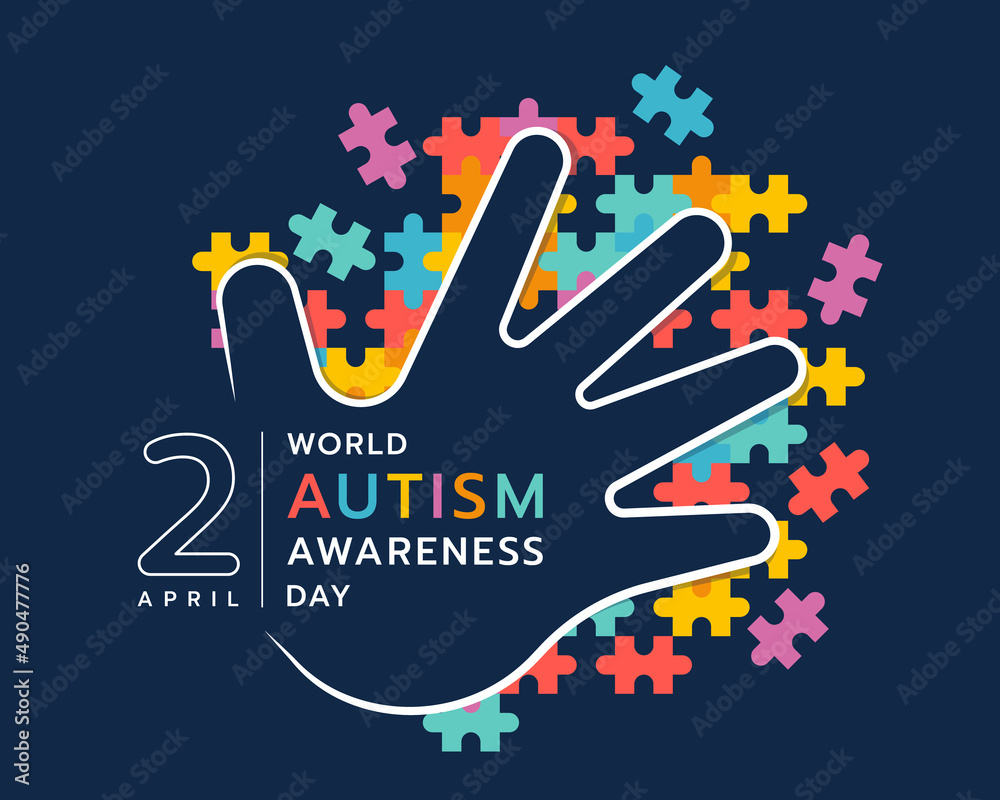 Wolrd Autism Awareness Day - white line hand sign and text on abstract ...