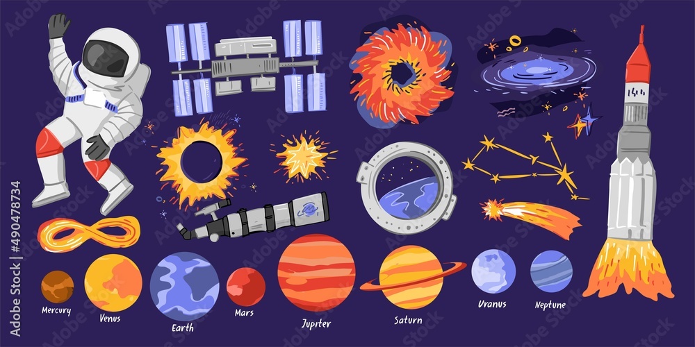 Set of space symbols isolated on blue background for invitations ...