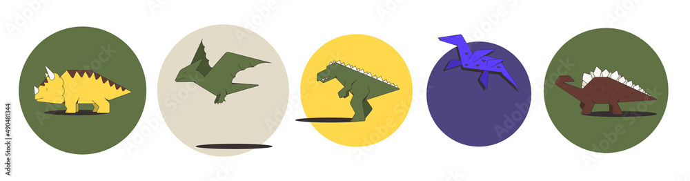 Set of illustrations of different types of dinosaurs made in cartoon ...