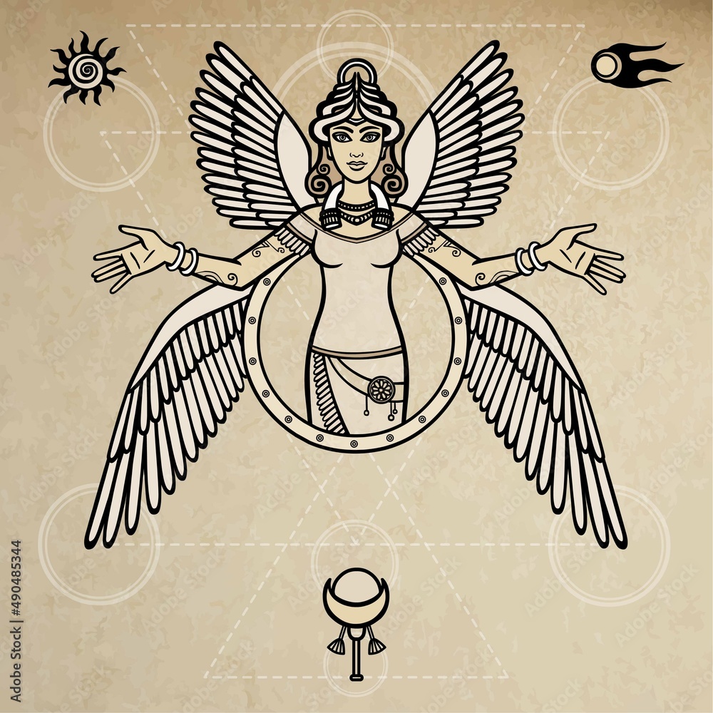 Stylized goddess Ishtar. Character of Sumerian mythology. Space symbols ...