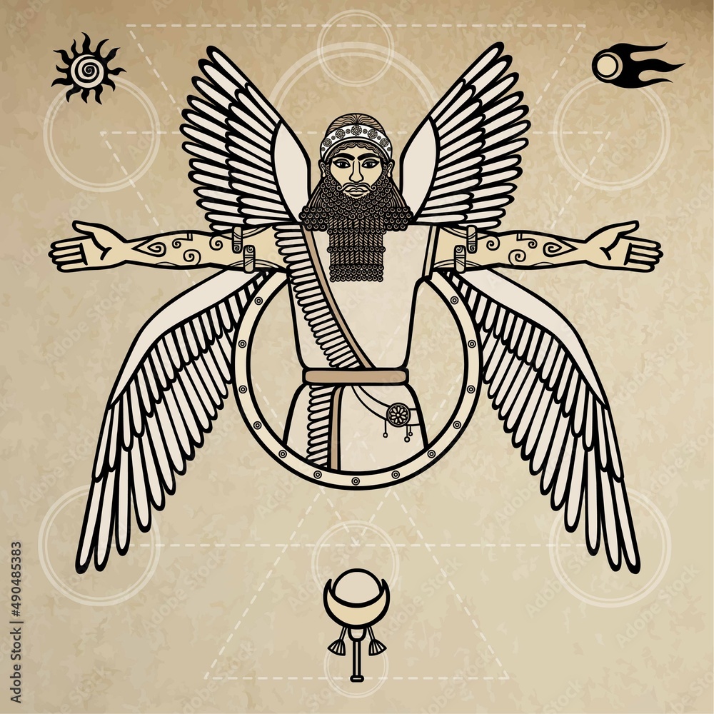 Ancient Assyrian winged deity. Character of Sumerian mythology. Space ...