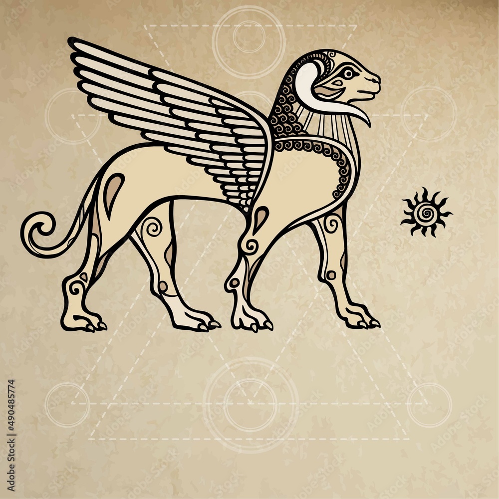 Assyrian chimera winged ram. Background - imitation of old paper. Stock ...