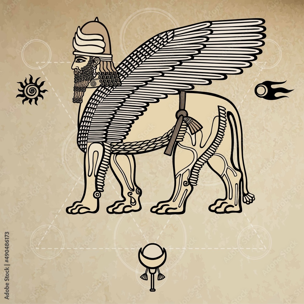 Mythical Assyrian deity winged lion of Shedu. Space symbols. Vector ...
