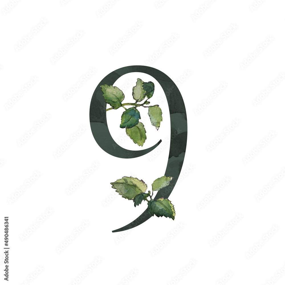 Dark green decorative floral alphabet: number Nine (9) symbol with ...