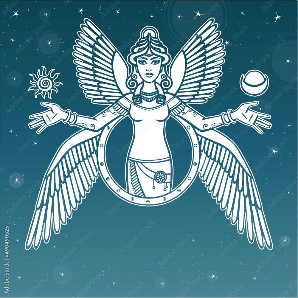 Vector illustration: the stylized goddess Ishtar. Character of Sumerian ...