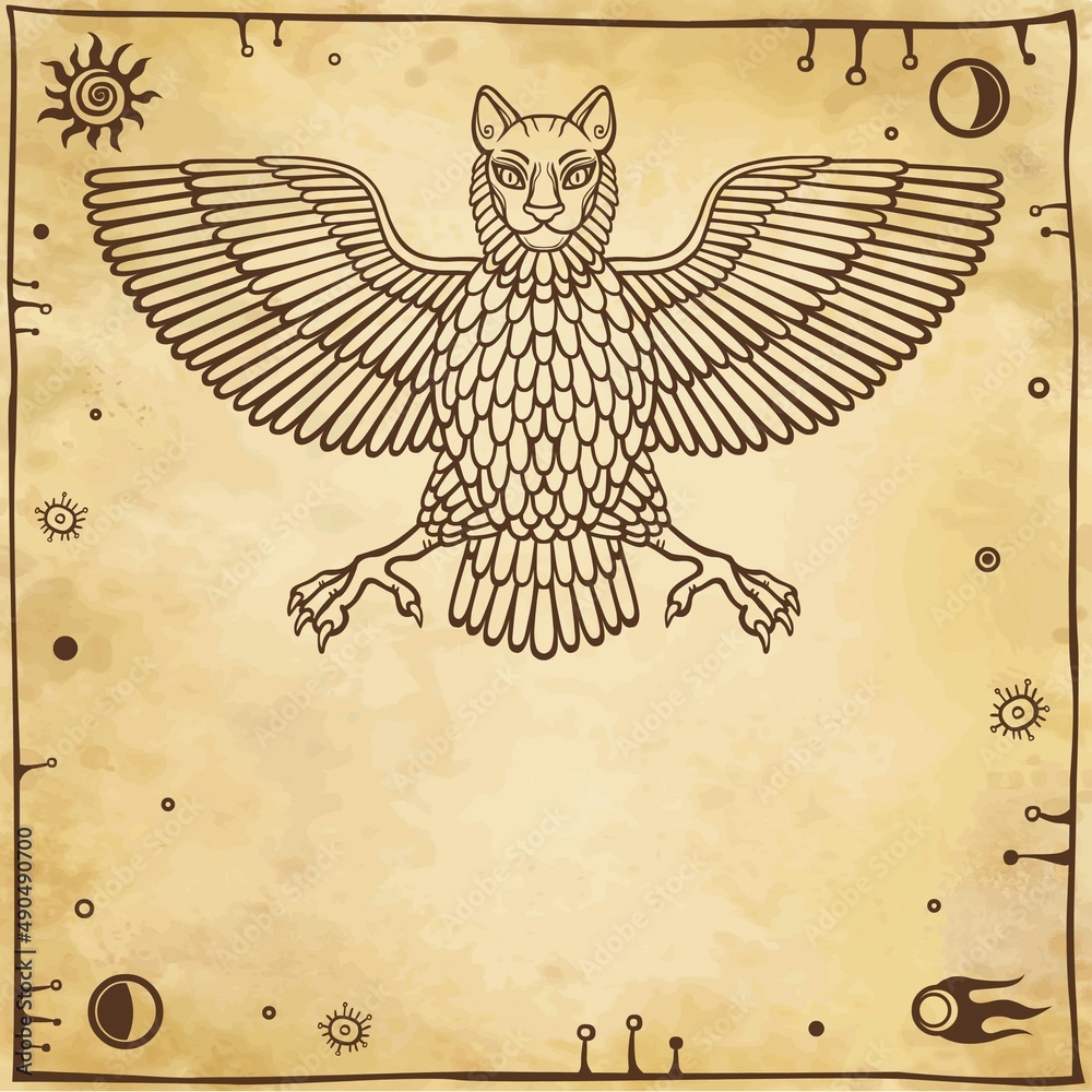 mythical animal, Anzud with a body of a bird and the head of a lion ...