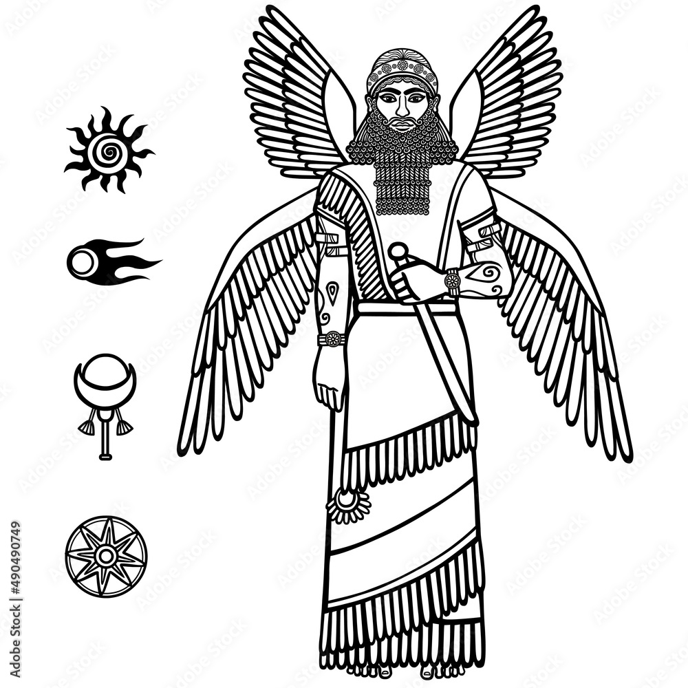 Image of a winged Assyrian deity. Character of Sumerian mythology. Set ...