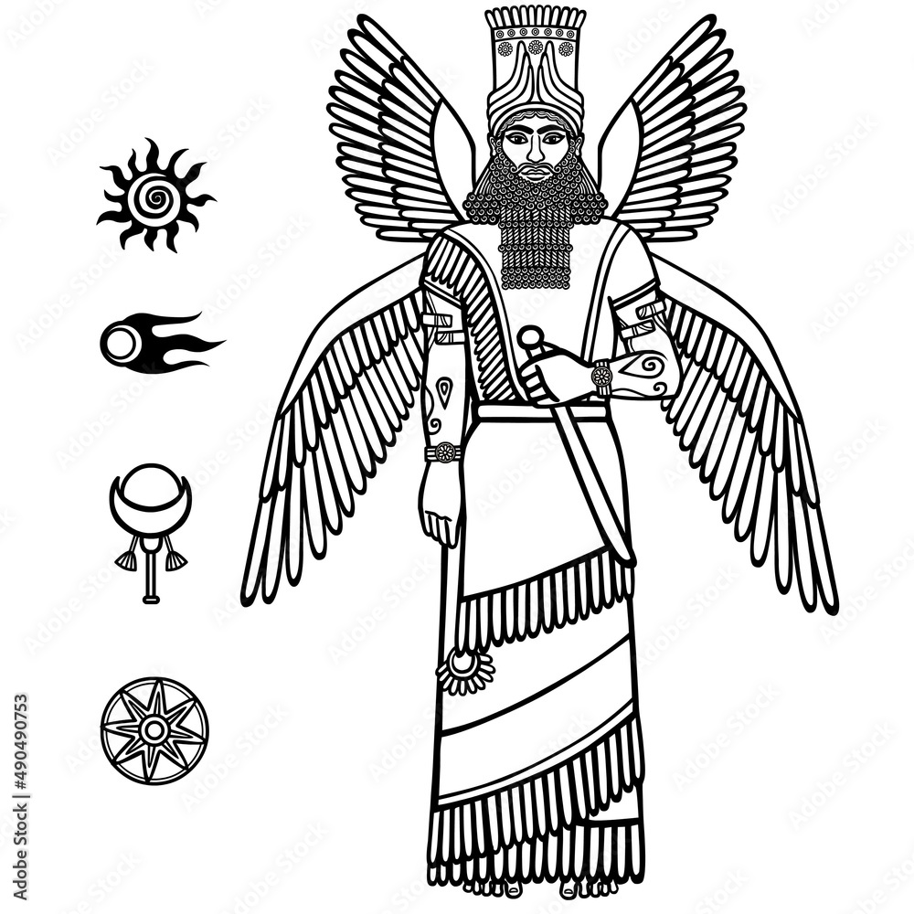 Image of a winged Assyrian deity. Character of Sumerian mythology. Set ...